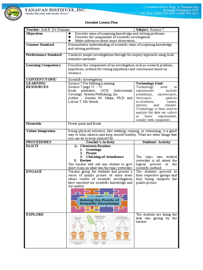 Lesson Plan in Scientifc Investigation Science7 | PDF | Science ...