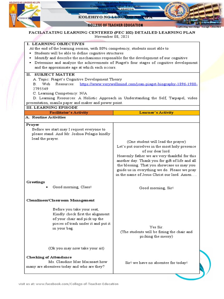 PEC 102 Lesson Plan Midterm | PDF | Cognitive Development | Cognitive ...