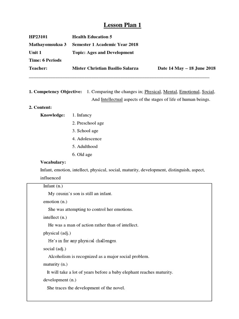 Term 1 Lesson Plan Health Education | PDF | Adolescence | Infants