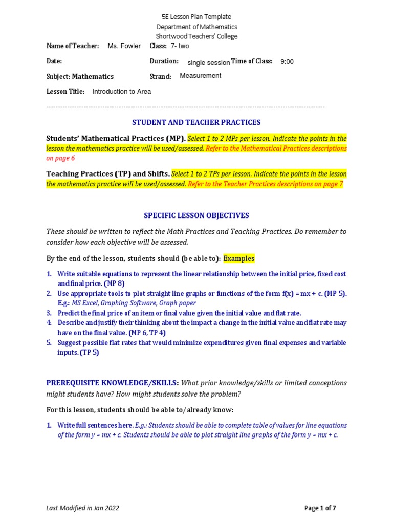 5E Lesson Plan Template Department of Mathematics STC-Jan 2022 | PDF