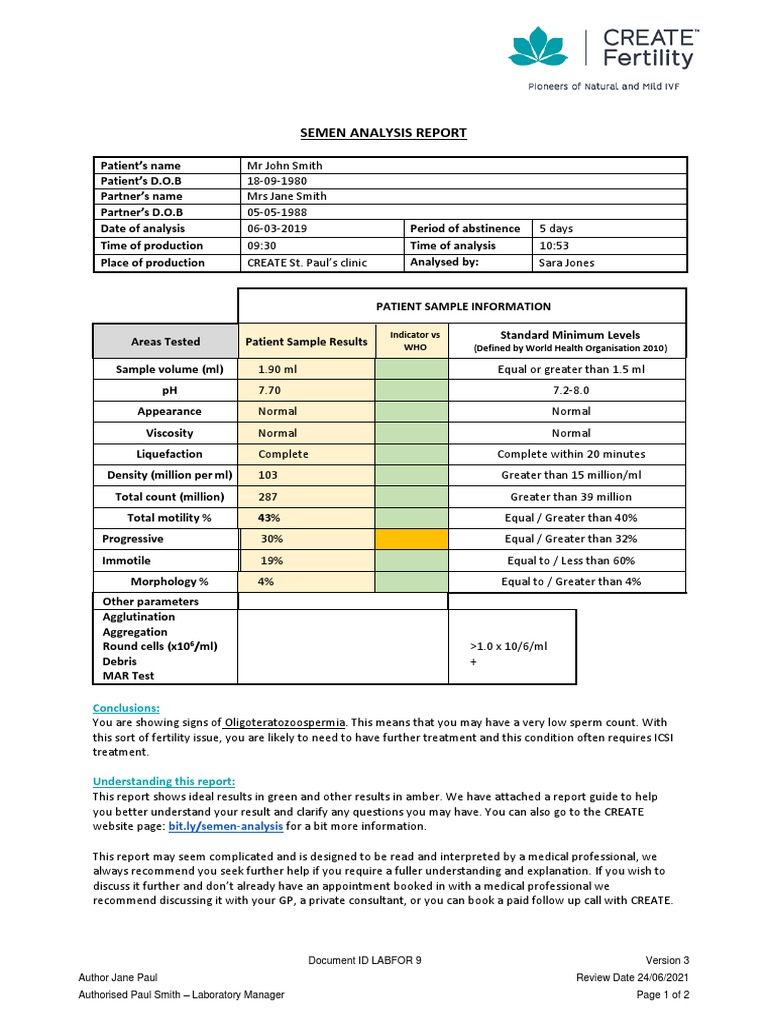 Example Semen Analysis Report July 2019 | PDF | Medical Specialties ...