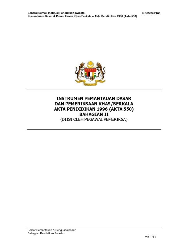 Instrumen Pemantaun Dasar Akta Pendidikan 1996 - Akta 550 | PDF