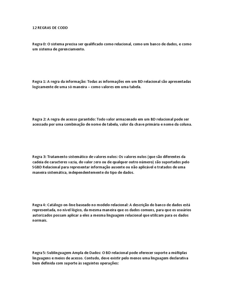 12 Regras de Codd | PDF | Bancos de dados | Modelo relacional