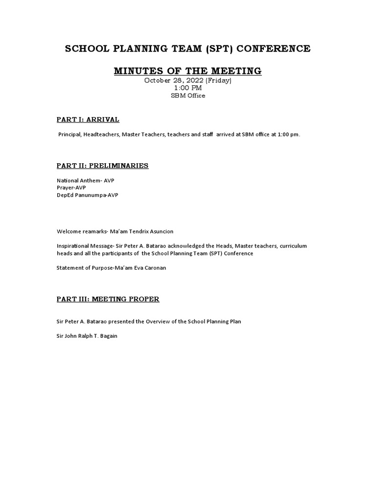 SPT Conference Meeting Minutes - Oct 2022 | PDF