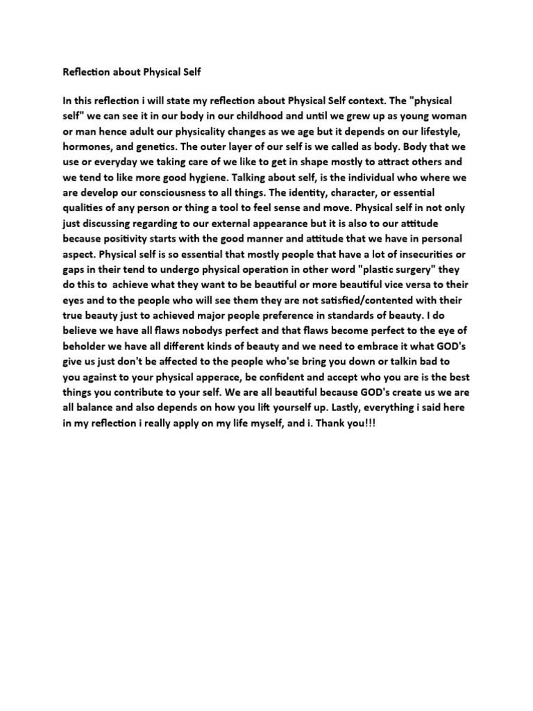 Embracing My Physical Self Reflection | PDF | Beauty | Self