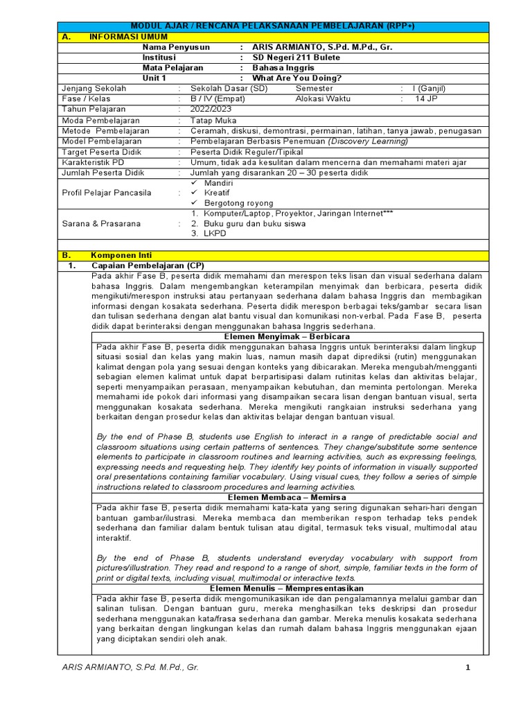 RPP B. Inggris KLS Iv SMS 1 | PDF