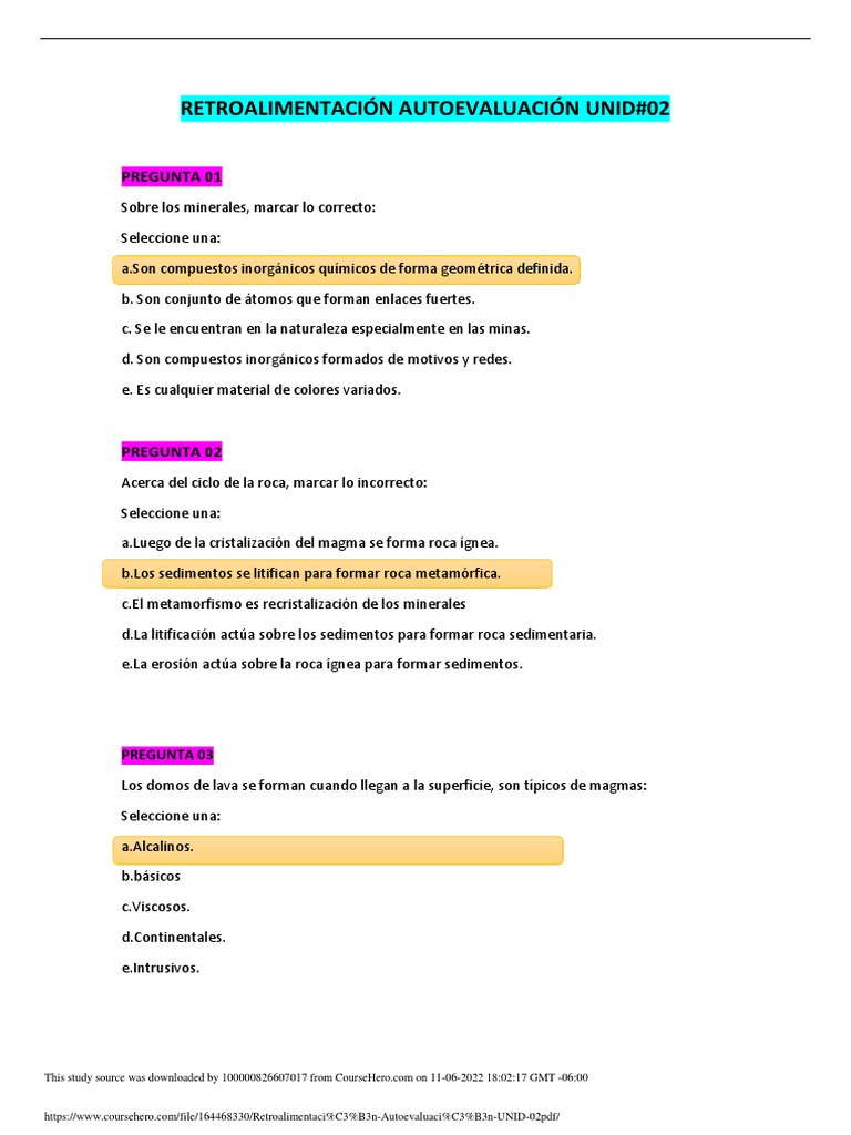 Retroalimentaci N Autoevaluaci N UNID 02 PDF | PDF | Roca (geología) | Roca ígnea