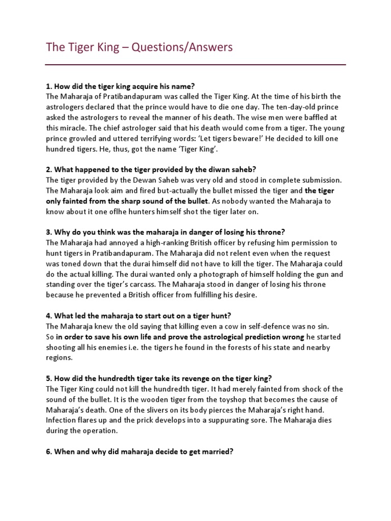 The Tiger King - QUESTION_ANSWERS | PDF | Tiger | Hunting