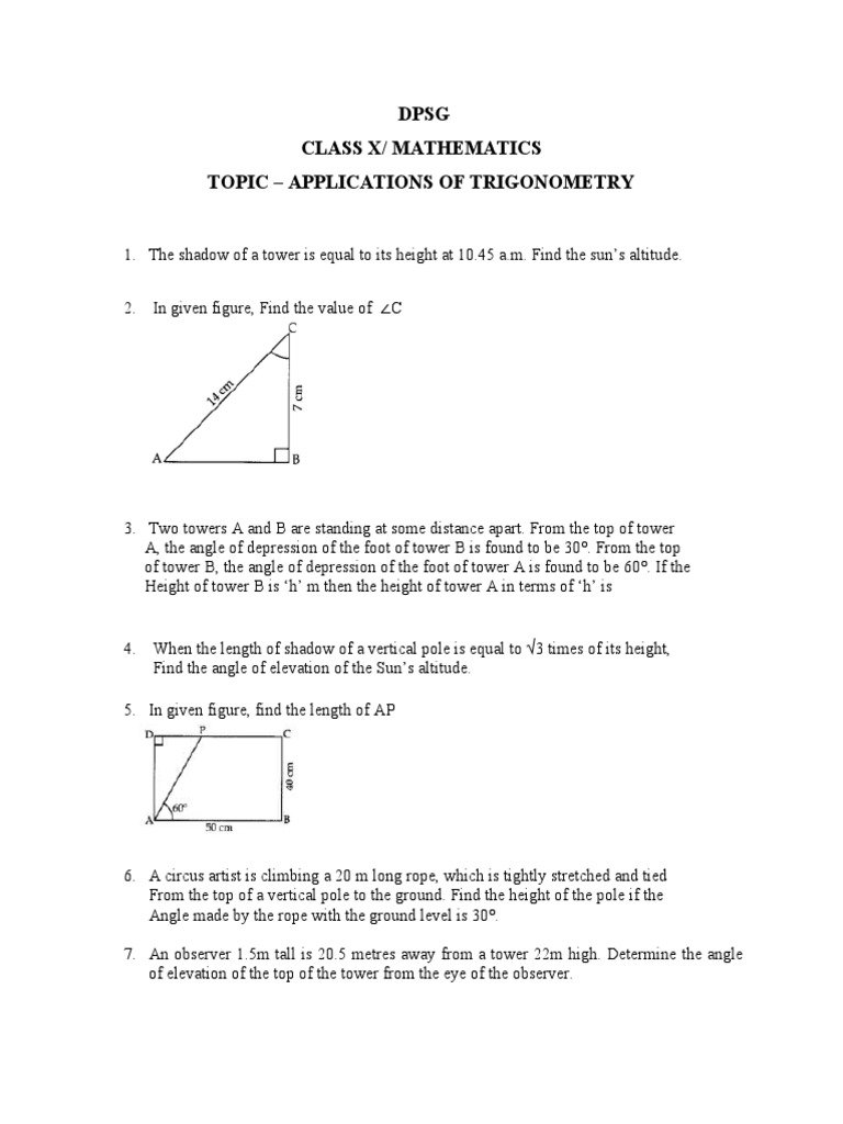 Assignment - Application of Trigonometry | PDF | Height | Angle
