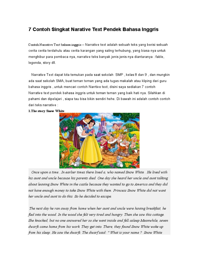 7 Contoh Singkat Narative Text Pendek Bahasa Inggris | PDF | Grimms' Fairy Tales | Snow White