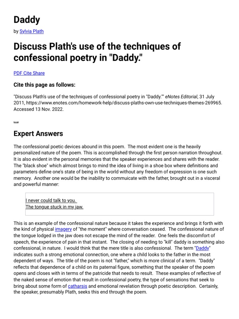 Daddy as a Confessional Poet | PDF | Sylvia Plath | Cognitive Science