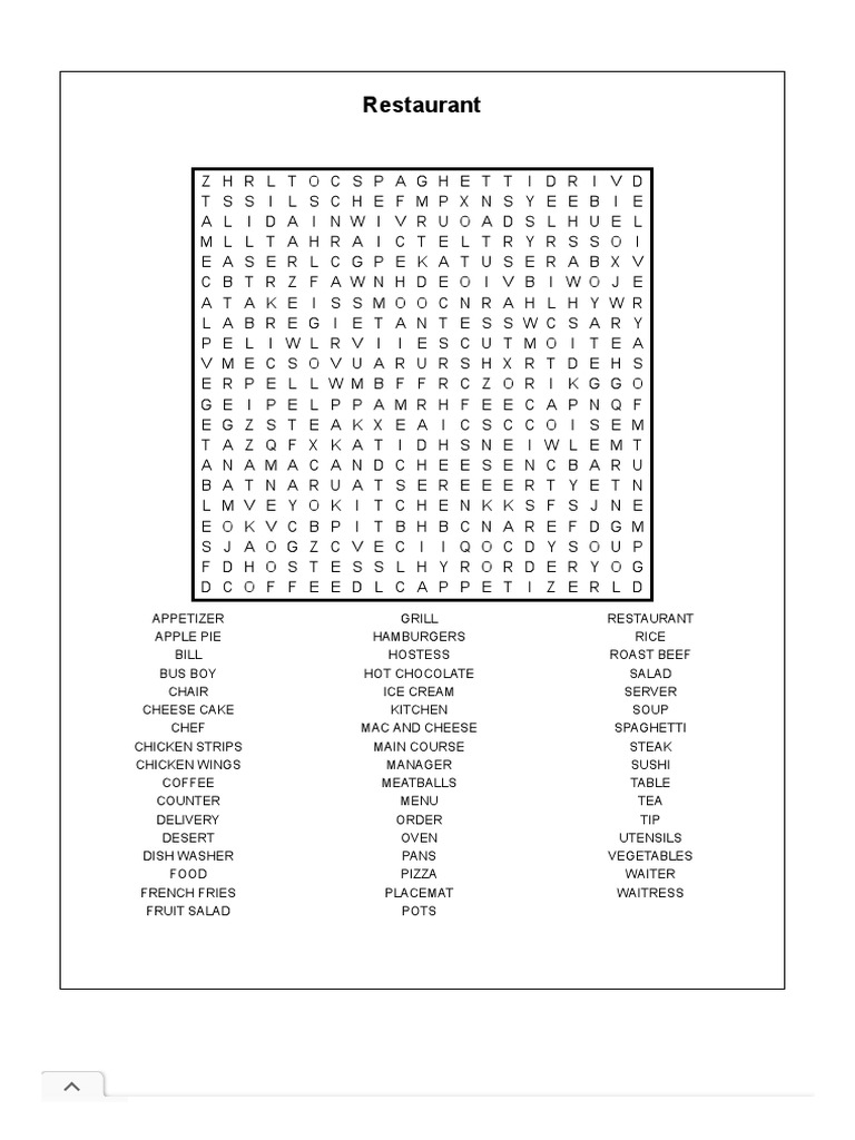 Restaurant Word Search Puzzle | PDF | Waiting Staff | Foods