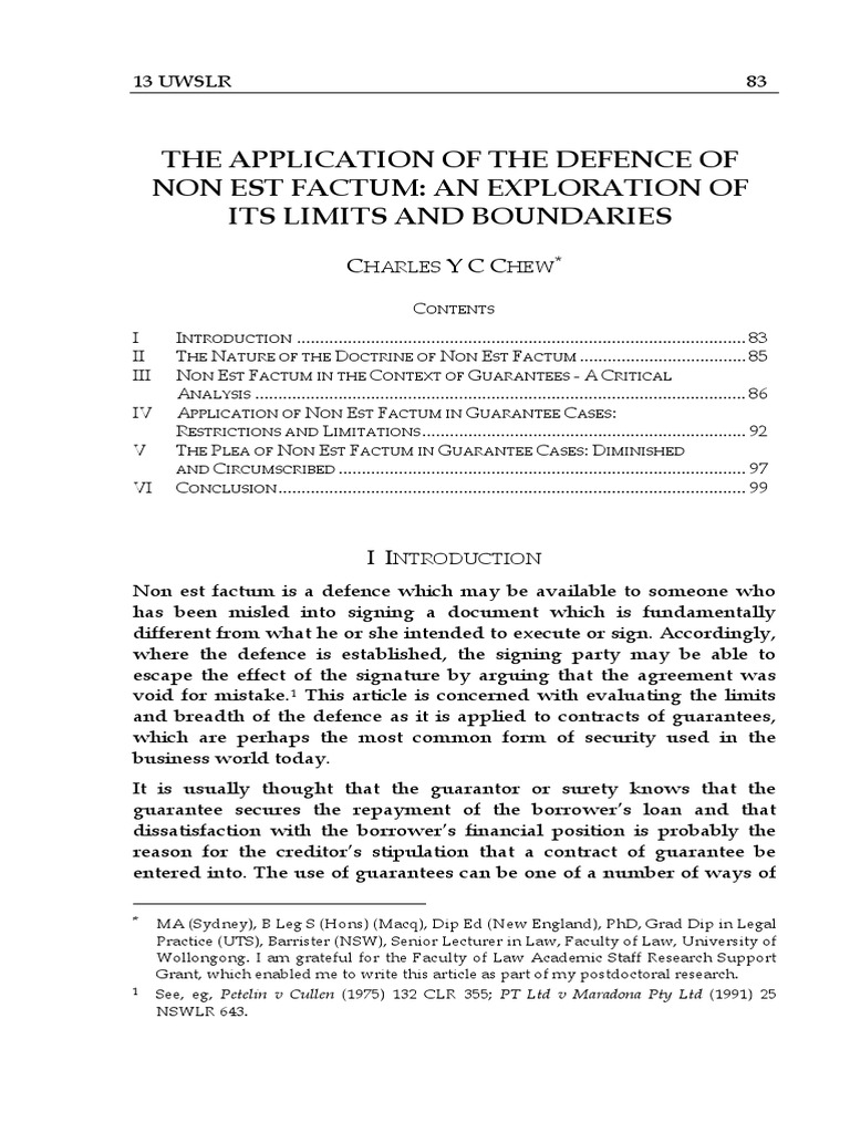 Defence of Non Est Factum (Contract Signing) | PDF | Guarantee | Law Of ...