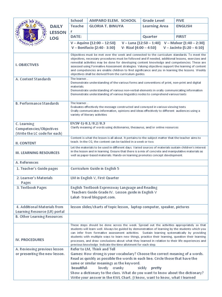Grade 5 English Daily Lesson Plan | PDF
