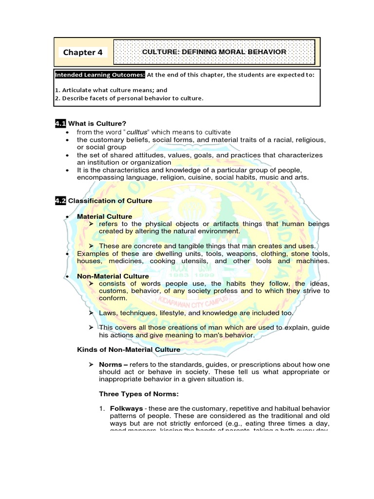 Week 4 CULTURE DEFINING MORAL BEHAVIOR | PDF | Behavior | Behavioural ...