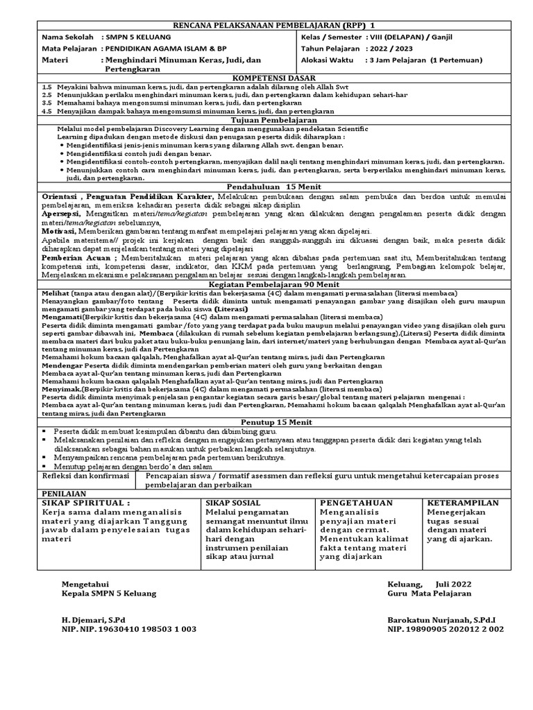 RPP 2 FIX Menghindari Minuman Keras, Judi, Dan Pertengkaran | PDF