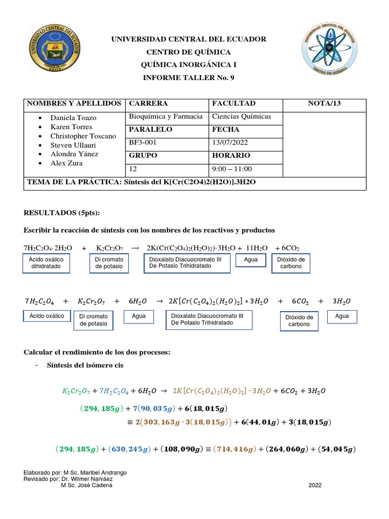 Formato Informe Síntesis Del K (CR (C2O4) 2 (H2O) ) .3H2O | PDF ...