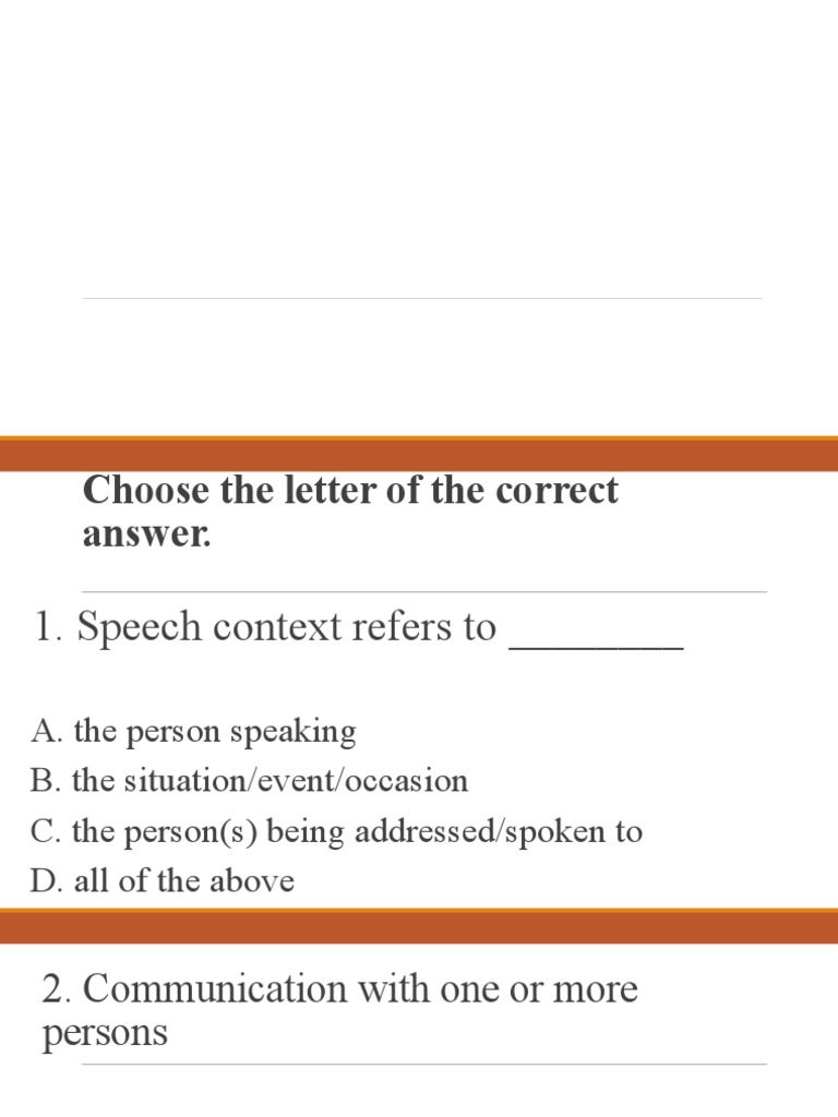 Speech Context Quiz | PDF | Communication | Interpersonal Communication