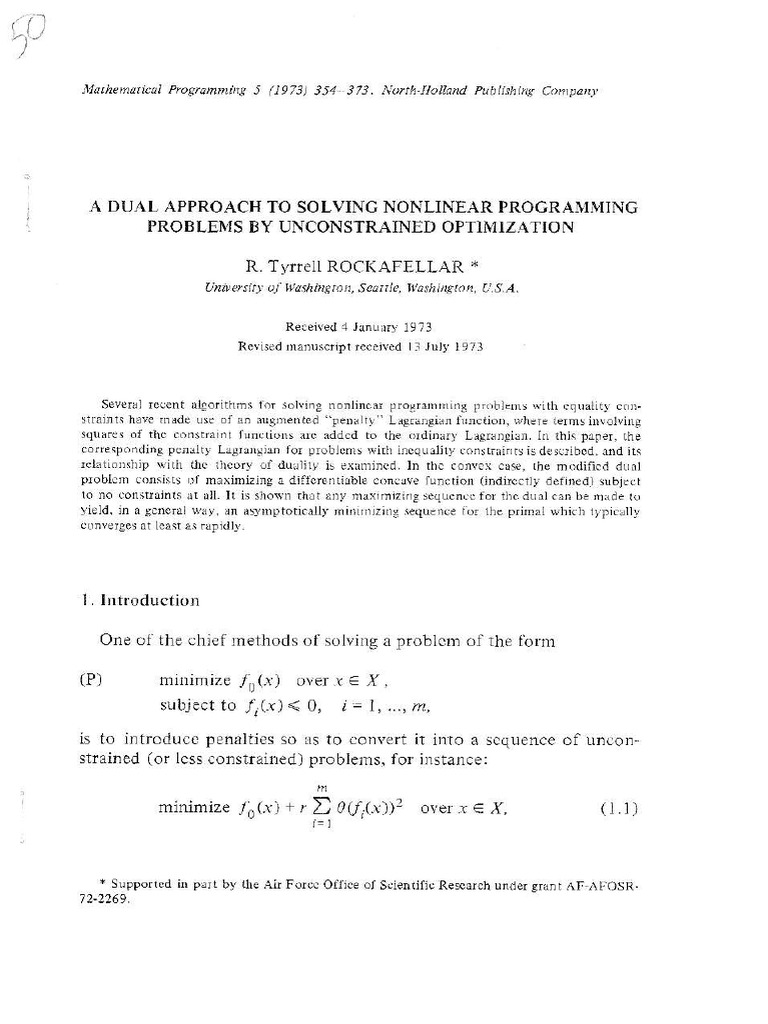 Rockafellar RT. A Dual Approach To Solving Nonlinear Programming Problems by Unconstrained ...