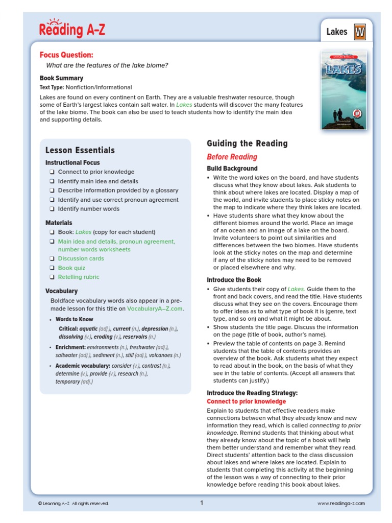 Raz Lw30 Lakes LBLP | PDF | Reading Comprehension | Pronoun