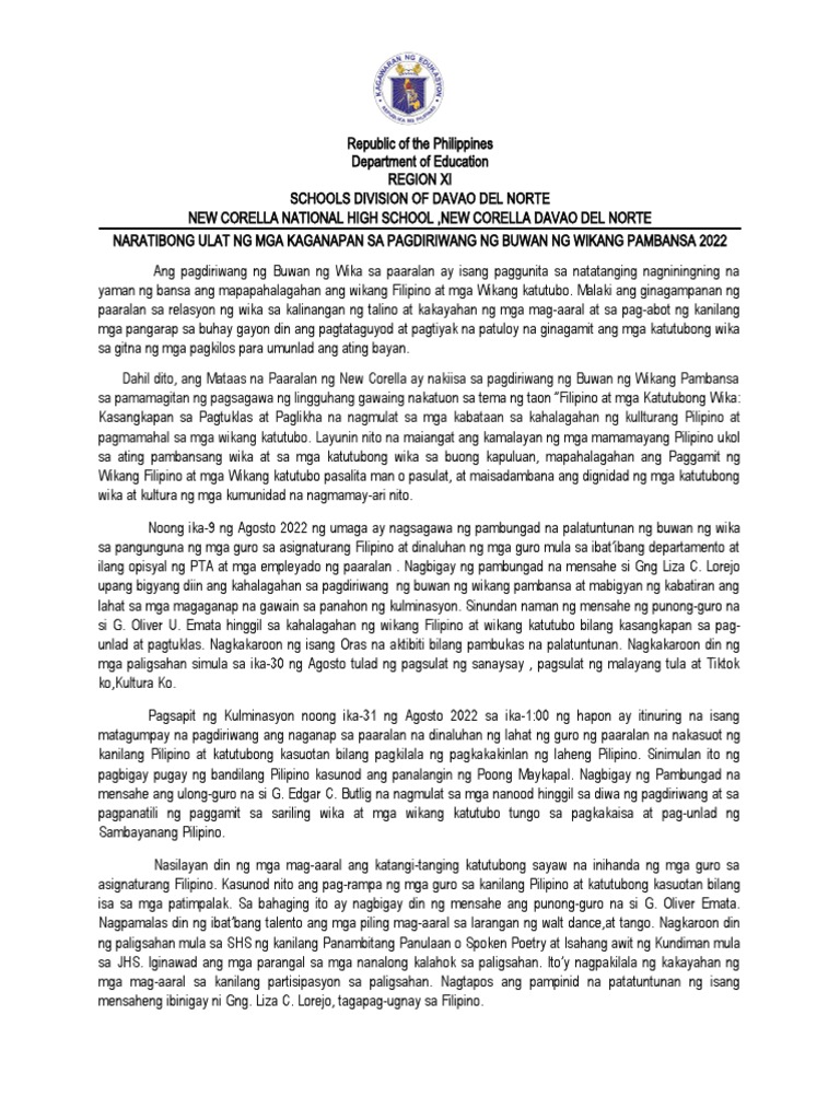 Naratibong Ulat NG Mga Kaganapan Sa Pagdiriwang NG Buwan NG Wikang Pambansa 2022 | PDF