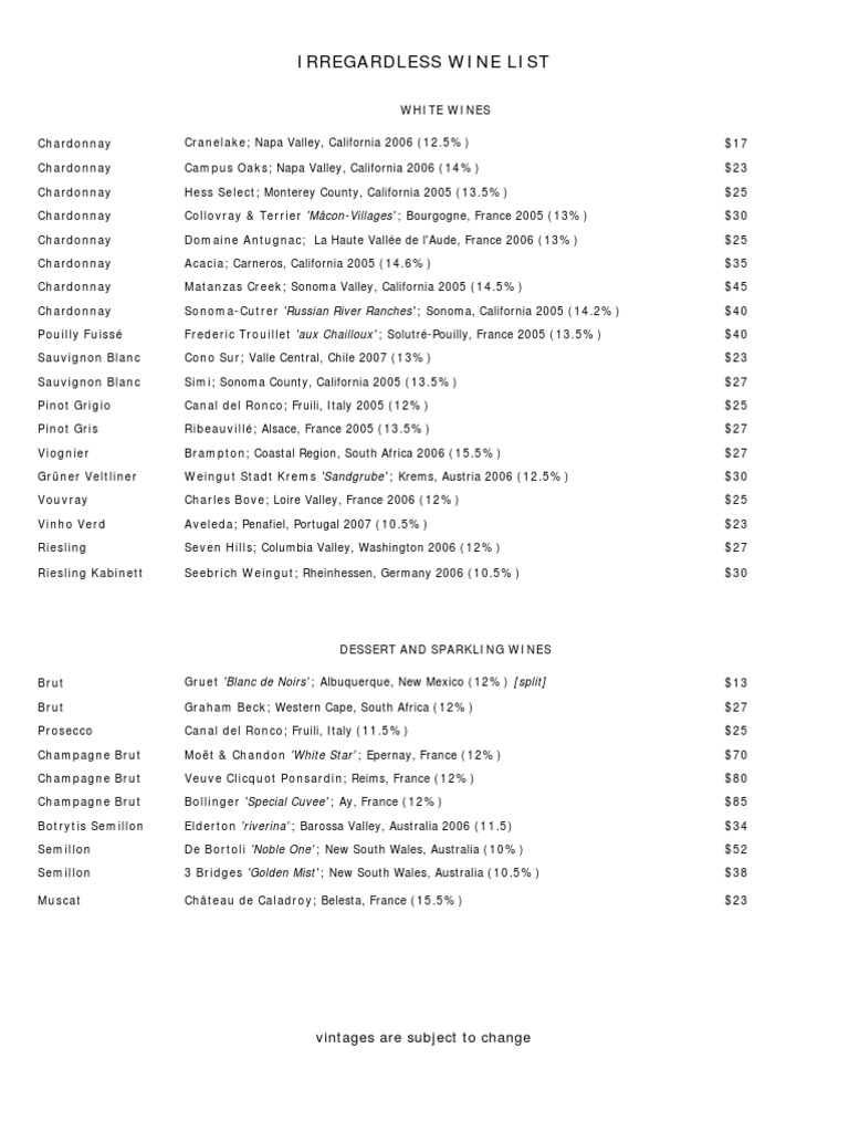Wine List | PDF | California Wine | Champagne