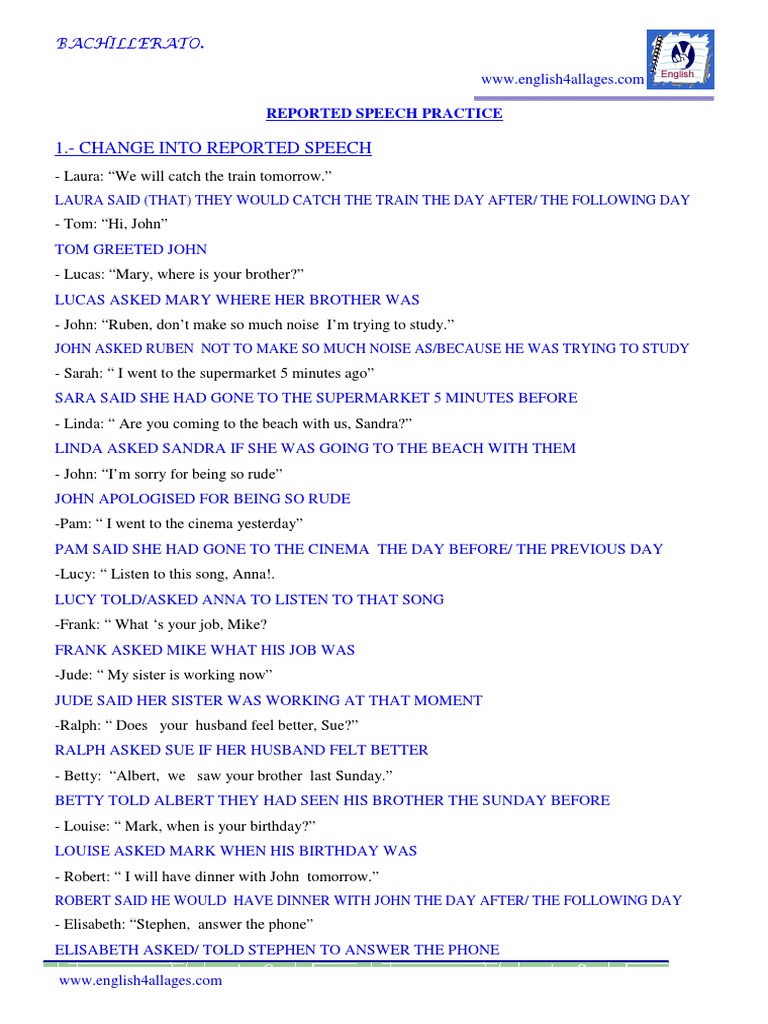 REPORTED SPEECH. PRACTICE. RESPUESTAS | PDF