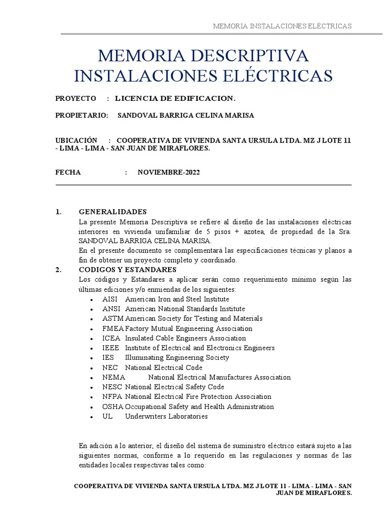 Memoria Descriptiva Electricas | PDF | Encendiendo | Ingenieria Eléctrica
