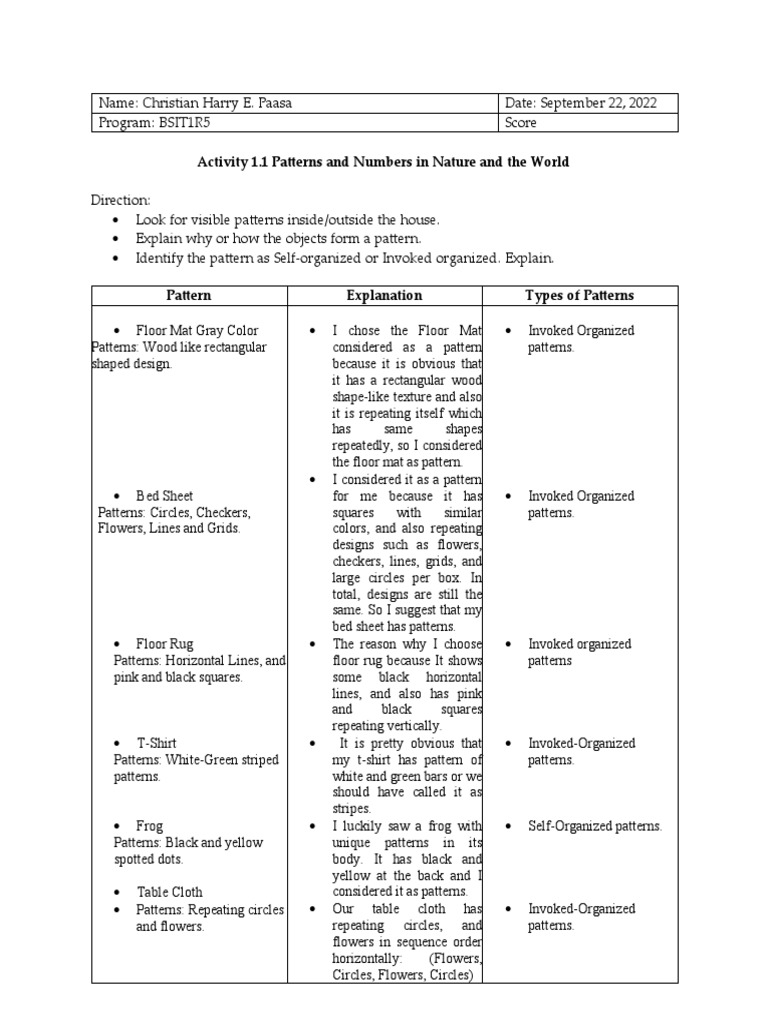 Paasa, Activity 1.1 Patterns and Numbers in Nature and The World | PDF