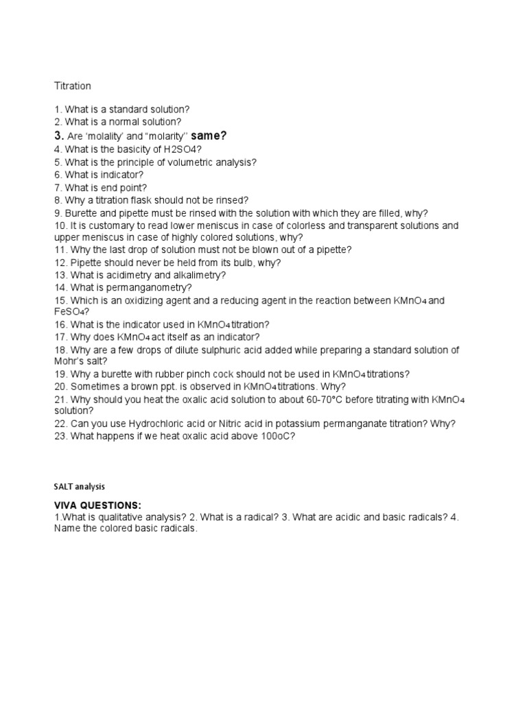Viva Voice Questions Grade 12 | PDF | Titration | Chemistry