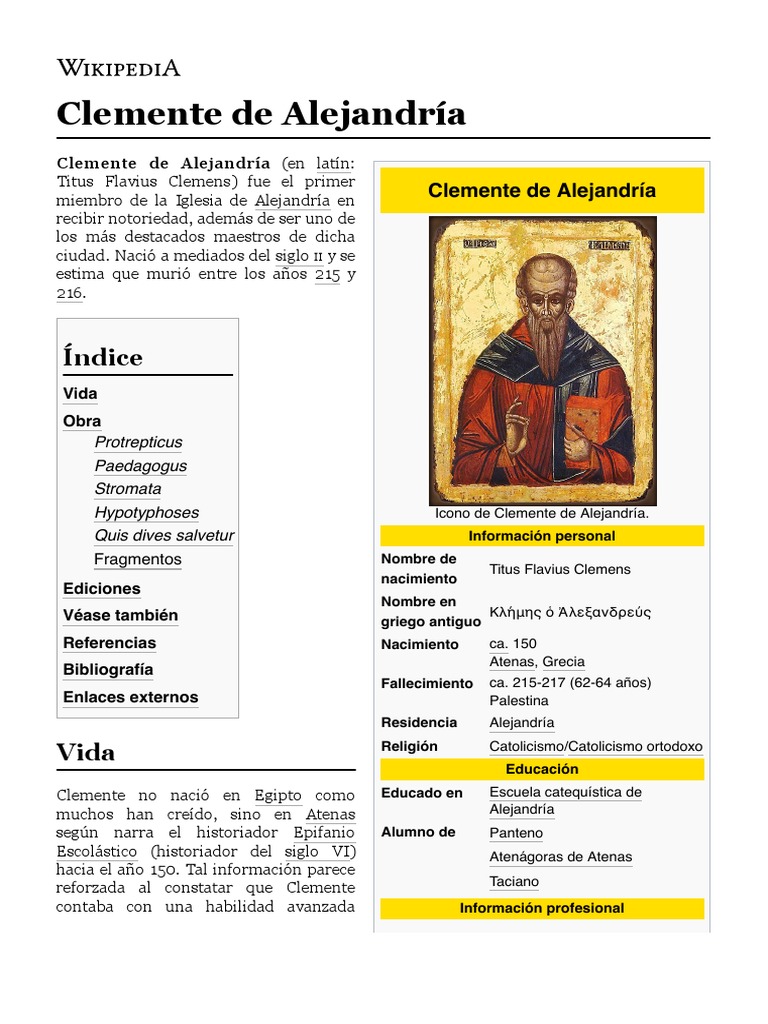 Clemente de Alejandría - Wikipedia, La Enciclopedia Libre | PDF | Filosofía