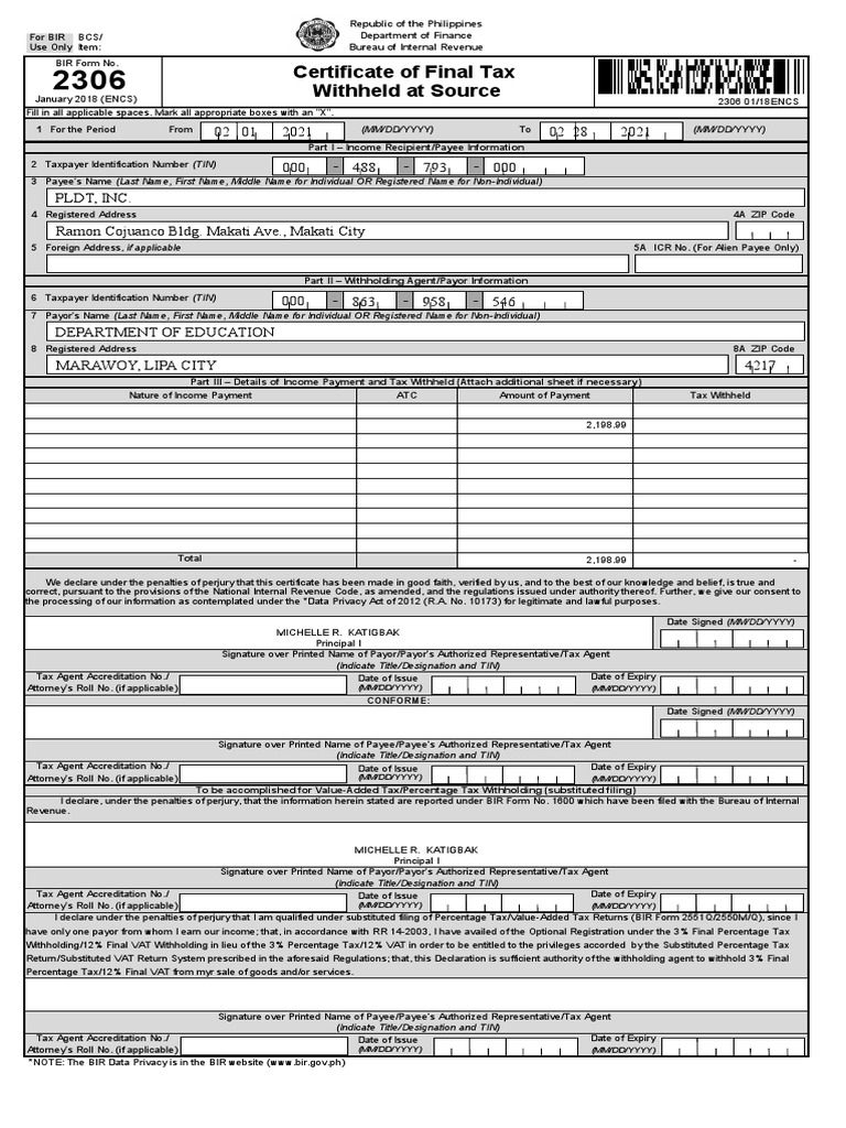 New 2306-2307 PLDT1 | PDF | Payments | Taxes
