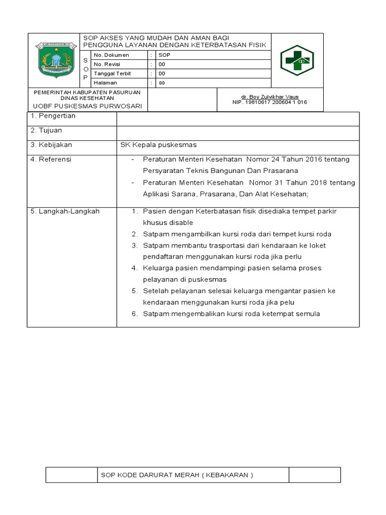 Sop Akses Yang Mudah Dan Aman Bagi Pengguna Layanan Dengan Keterbatasan Fisik S O P | PDF