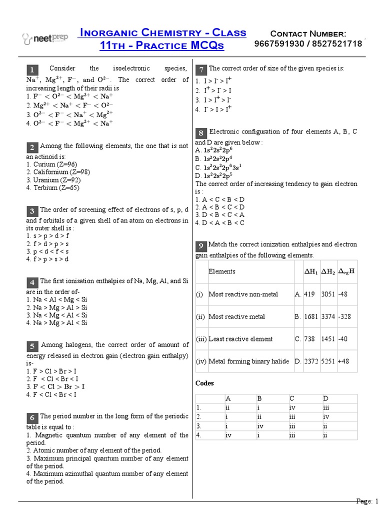 Inorganic Chemistry - Class 11th - Practice MCQs | PDF | Hydroxide | Hydride