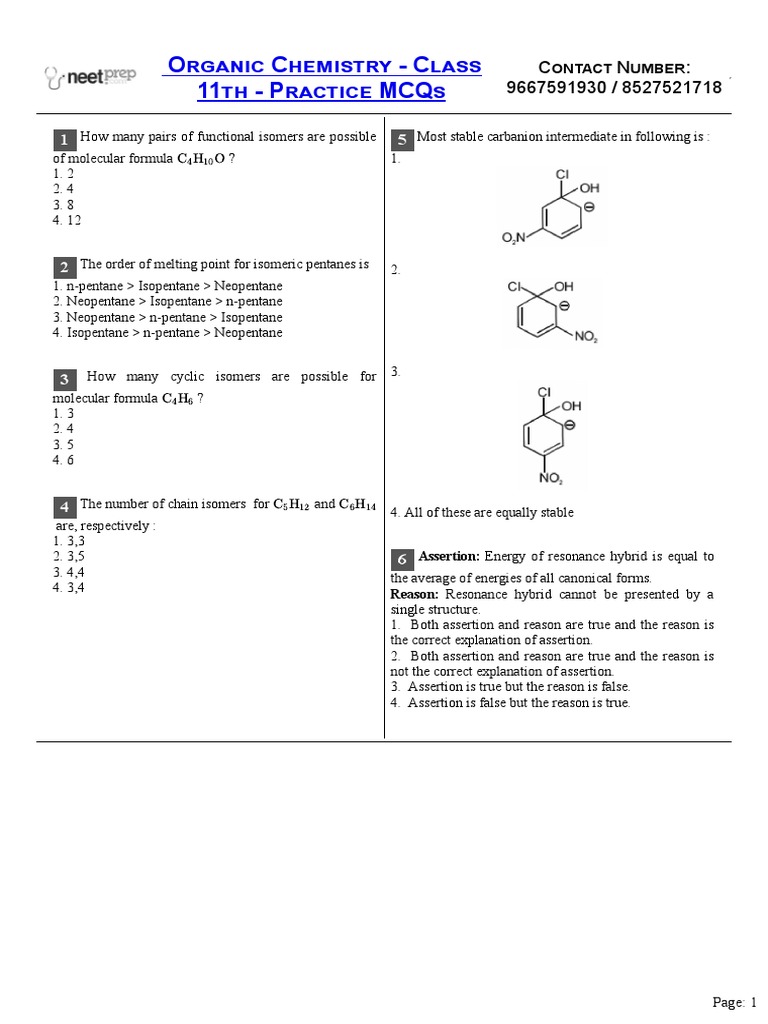 Organic Chemistry Practice MCQs: Fundamental Concepts of Isomerism ...