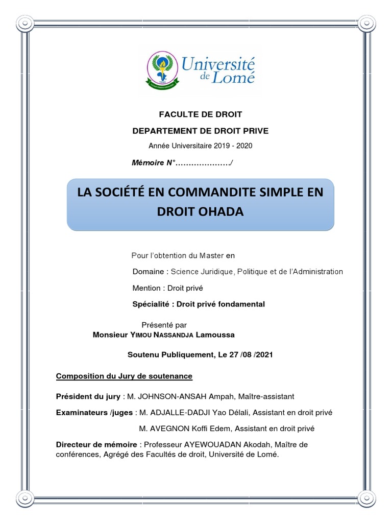 La Société en Commandite Simple en Droit OHADA, François-Xavier ...