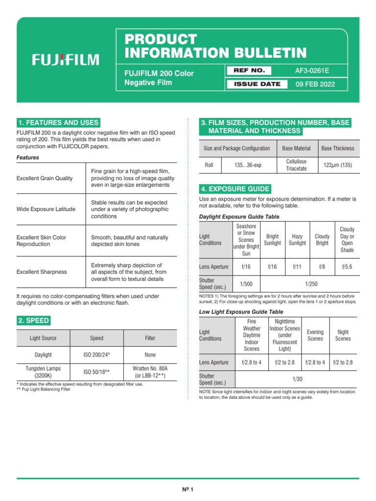 Fujifilm 200 Speed Film - Data Sheet | PDF | Exposure (Photography ...