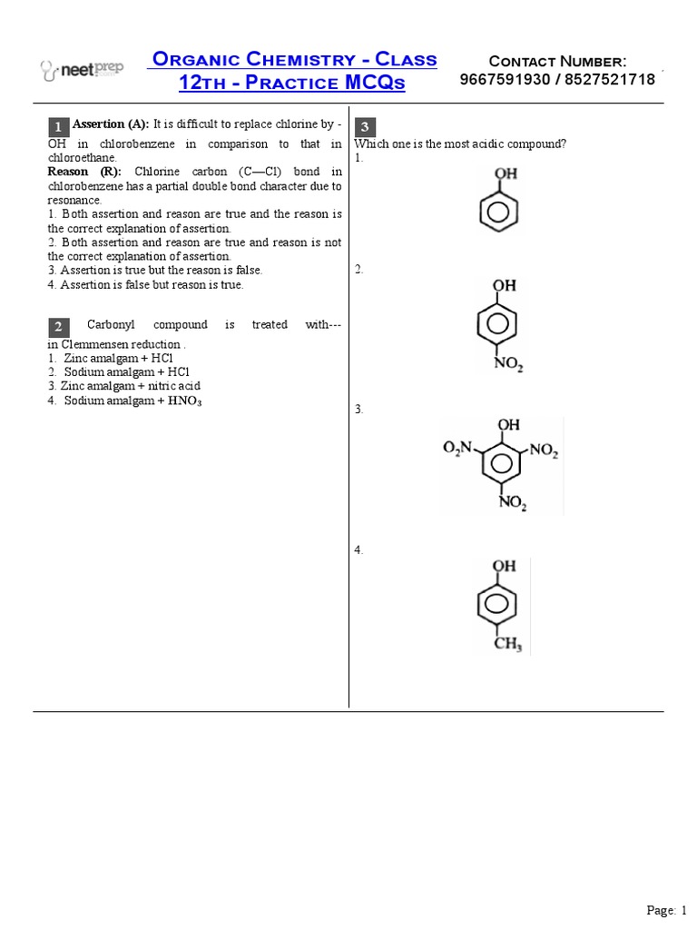 Organic Chemistry - Class 12th - Practice MCQs | PDF | Chemical Reactions | Aldehyde