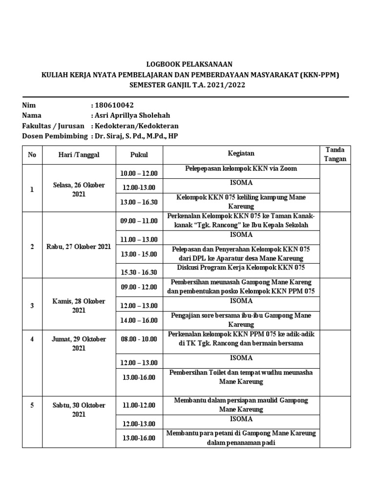 Logbook KKN PPM Ganjil 2021/2022 | PDF