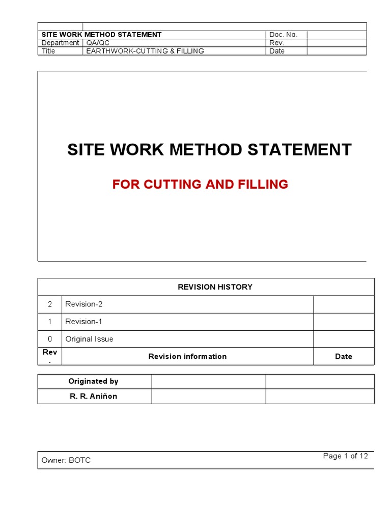 Method Statement For Earthworks Cut and Fill PDF Free | PDF | Road ...