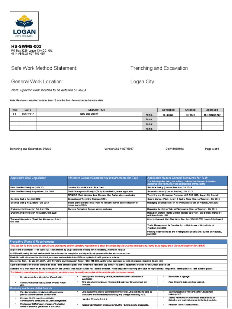 LCC - DOCS 11099104 v1 HS SWMS 003 Trenching and Excavation SWMS | PDF ...