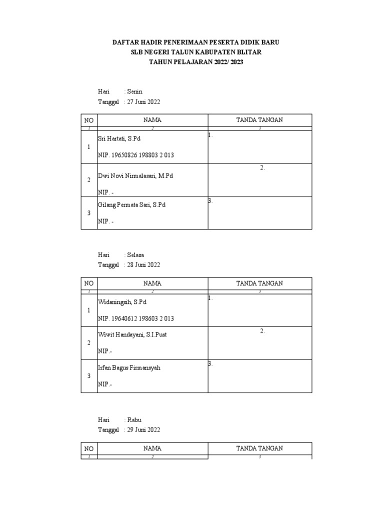 Daftar Hadir PPDB 2022 | PDF