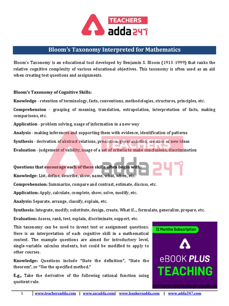 Bloom's Taxonomy Interpreted For Mathematics Notes | PDF | Derivative ...