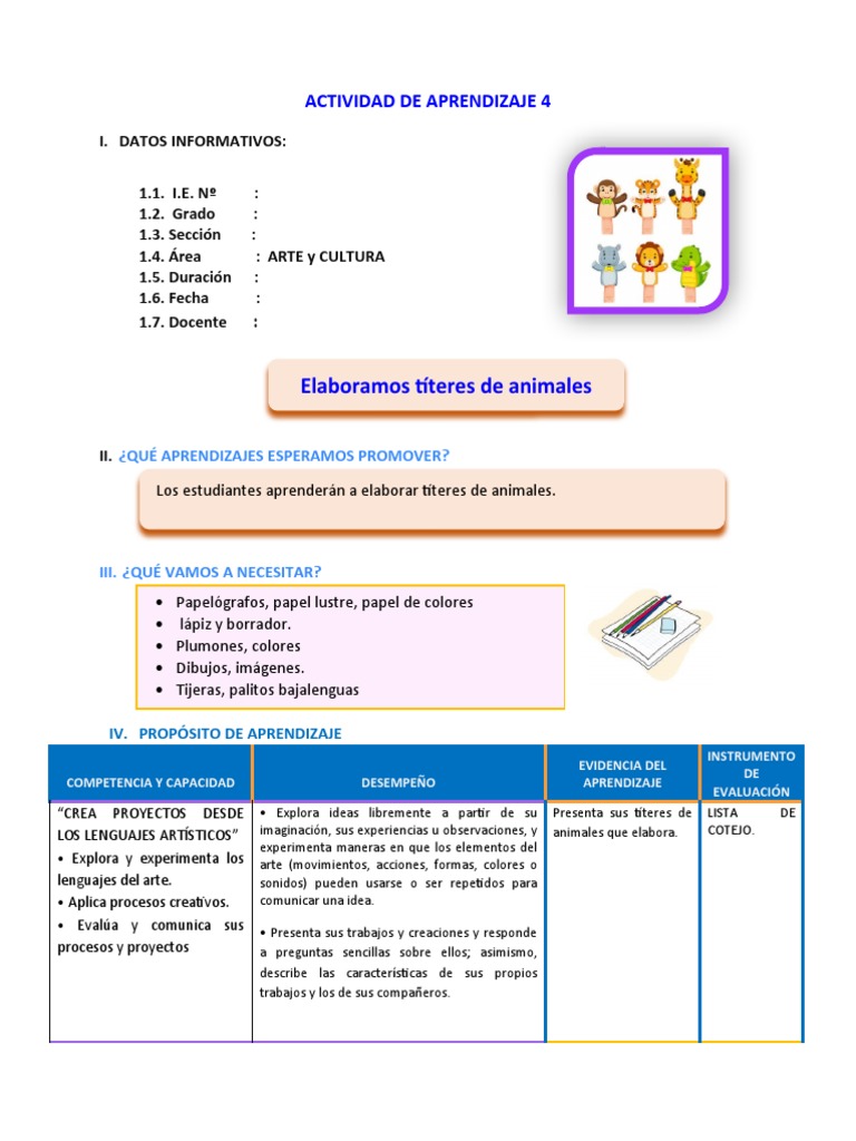 D4 A2 SESION Elaboramos títeres de animales | PDF | Evaluación | Aprendizaje