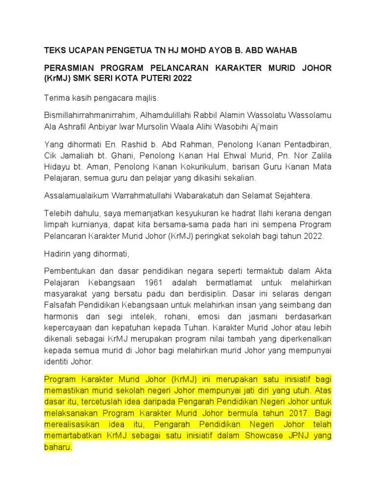 Teks Perasmian KRMJ 2022 (Pengetua) | PDF