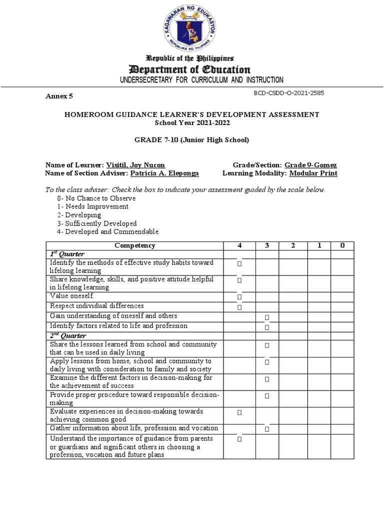 Annex 5 JHS HGP | PDF | Learning | Educational Assessment