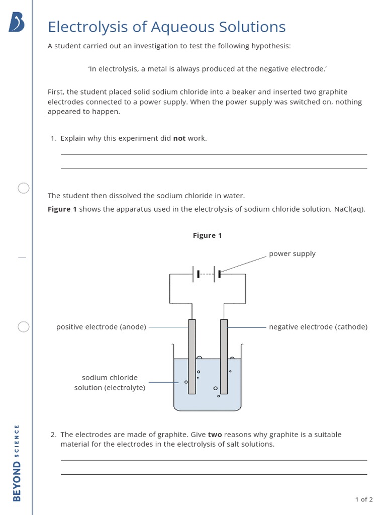 Electolysis of Aqueous Solutions Worksheet | PDF