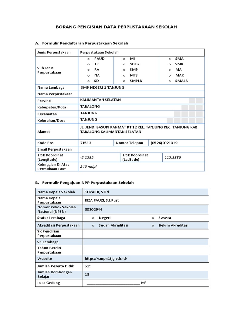 Borang Pengisian Data Perpustakaan Sekolah | PDF Borang Pengisian Data Perpustakaan Sekolah | PDF