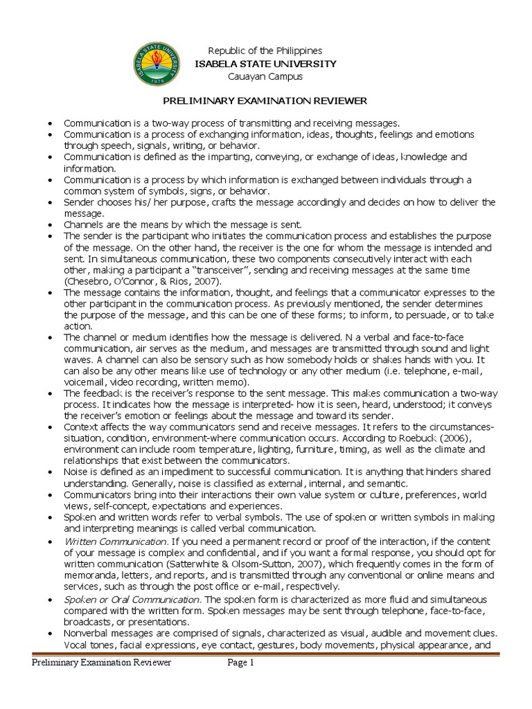 Preliminary Examination Reviewer | PDF | Communication | Nonverbal Communication