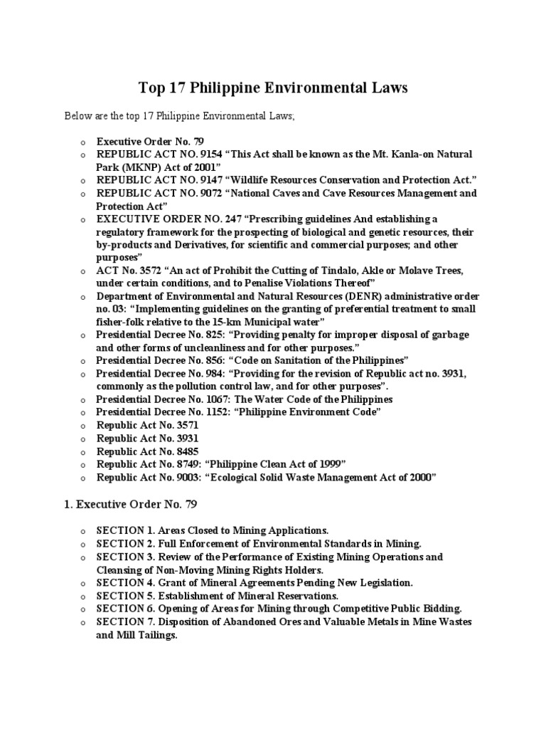 Key Philippine Environmental Laws | PDF | Mining | Environmental Law